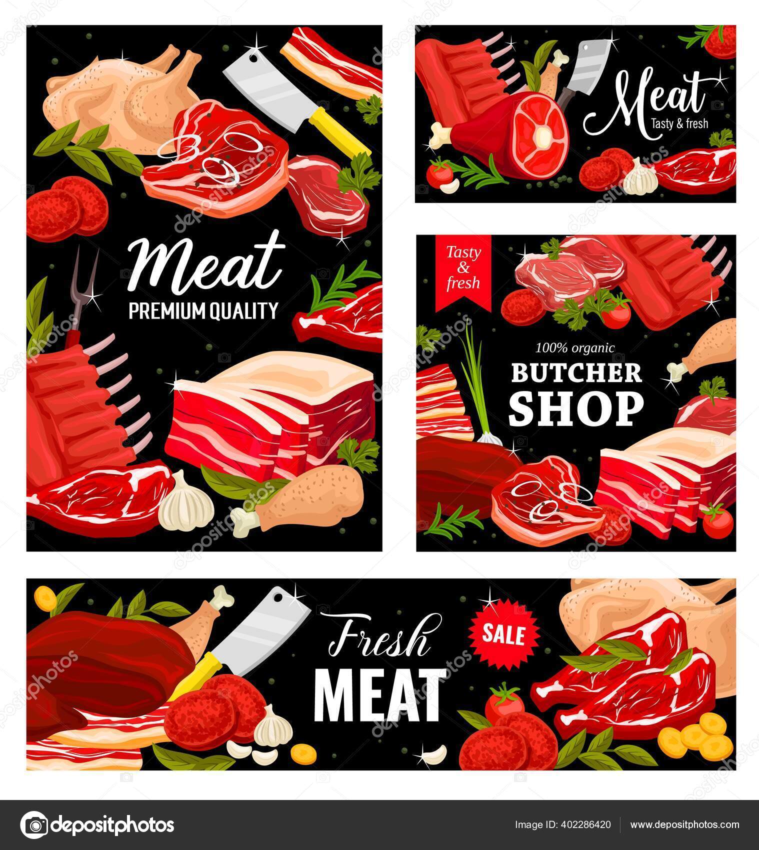 Meat Butcher Shop Beef Pork Lamb Food Vector Banners Posters Stock ...