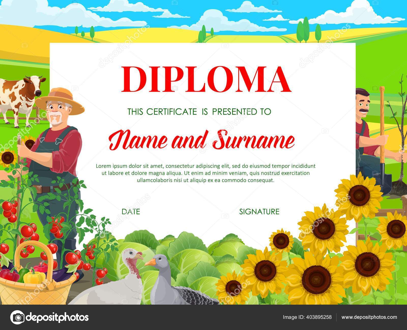 School Diploma Education Vector Certificate Farmers Working Garden Fowl ...