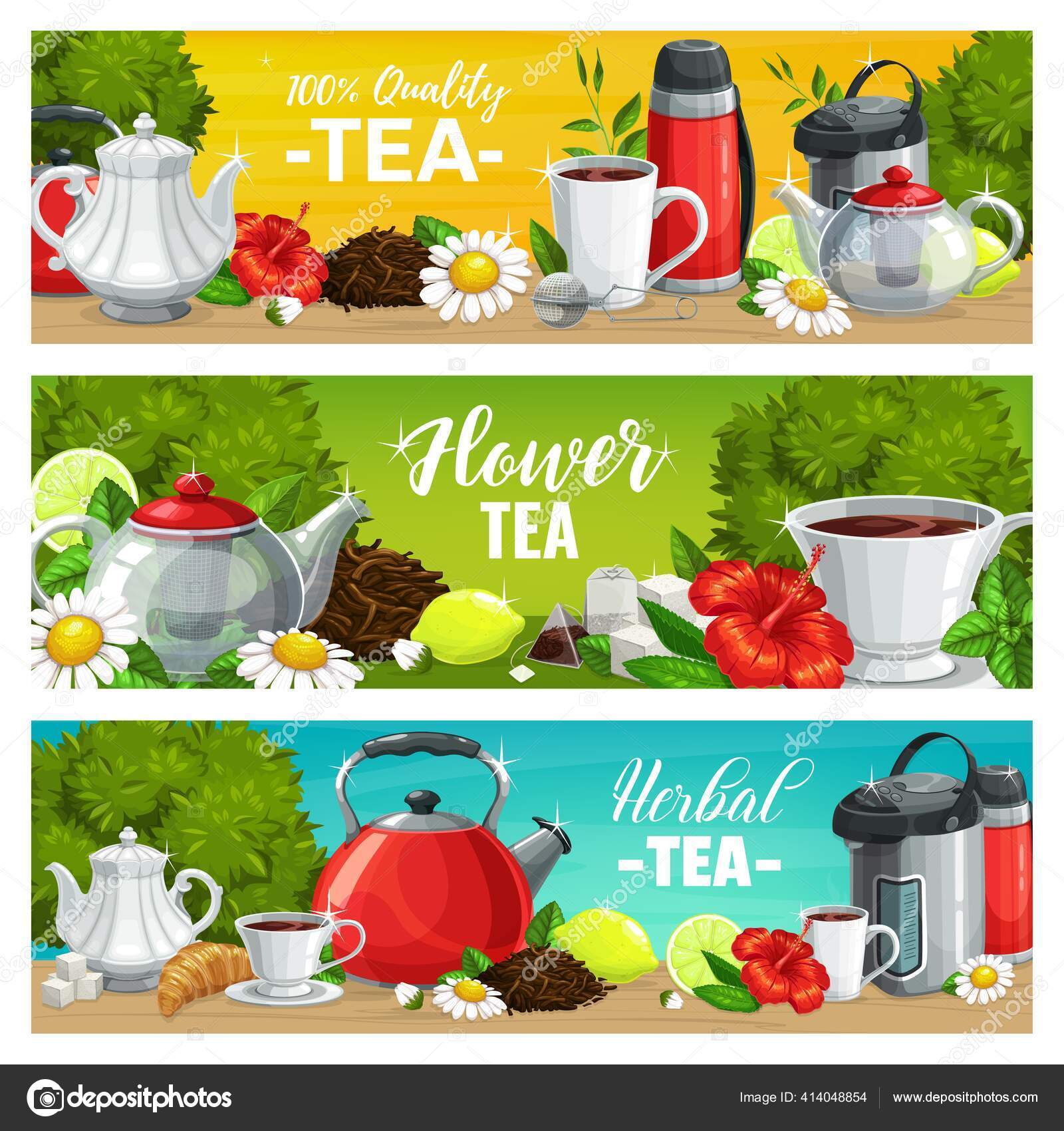 Herbal Flower Tea Vector Banners Black Green Tea Brew Teapot Stock ...