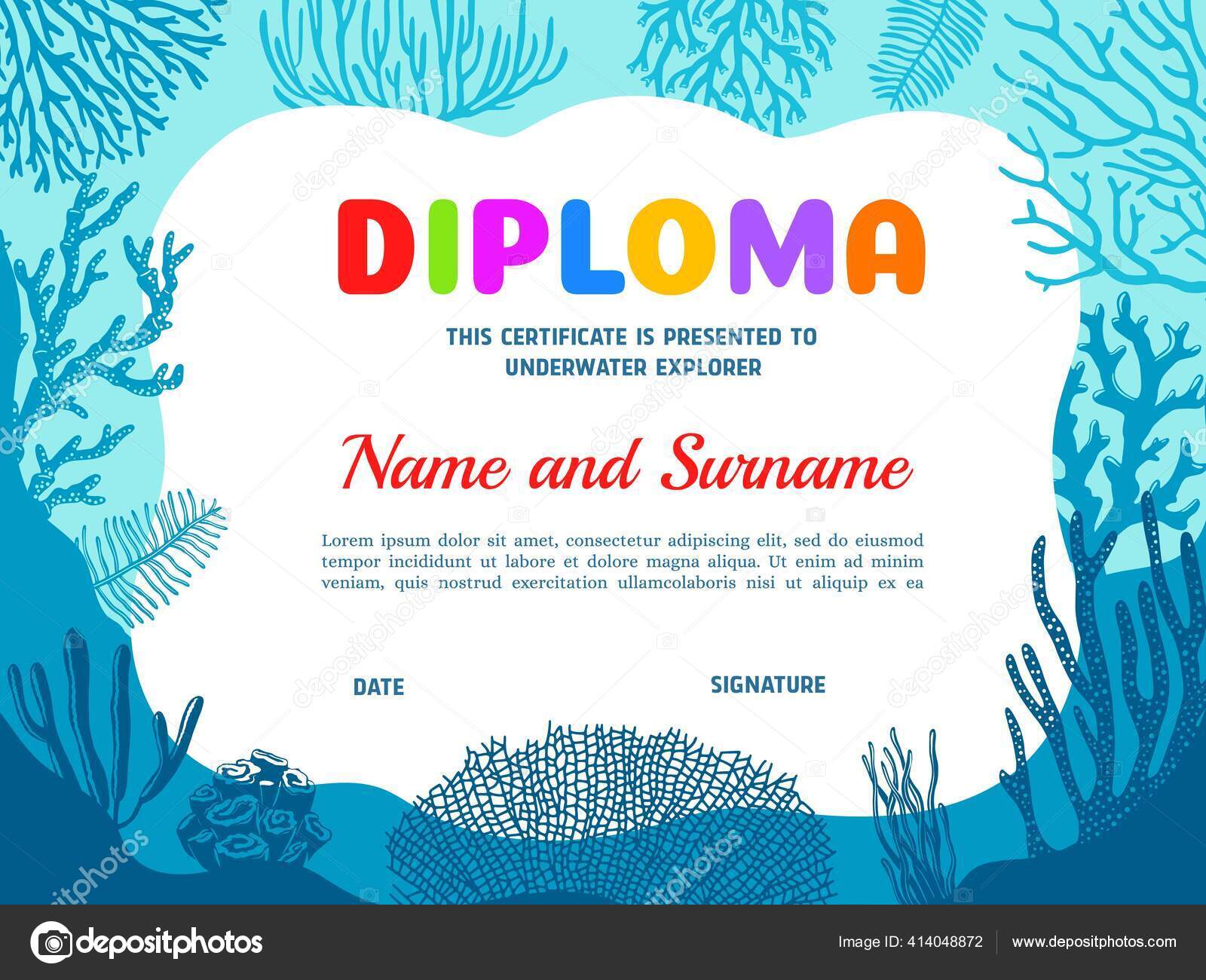 Diploma Para Explorador Submarino Con Plantilla Vectorial Algas Marinas ...
