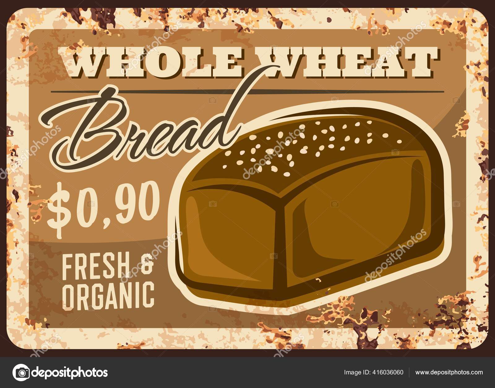 Bakery Bread Metal Rusty Plate Wheat Loaf Price Vector Vintage Stock ...