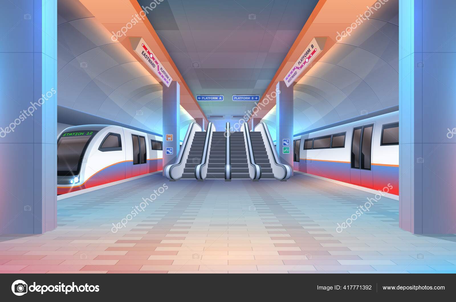 Interior Subway Metro Station Vector Trains Underground Railway ...