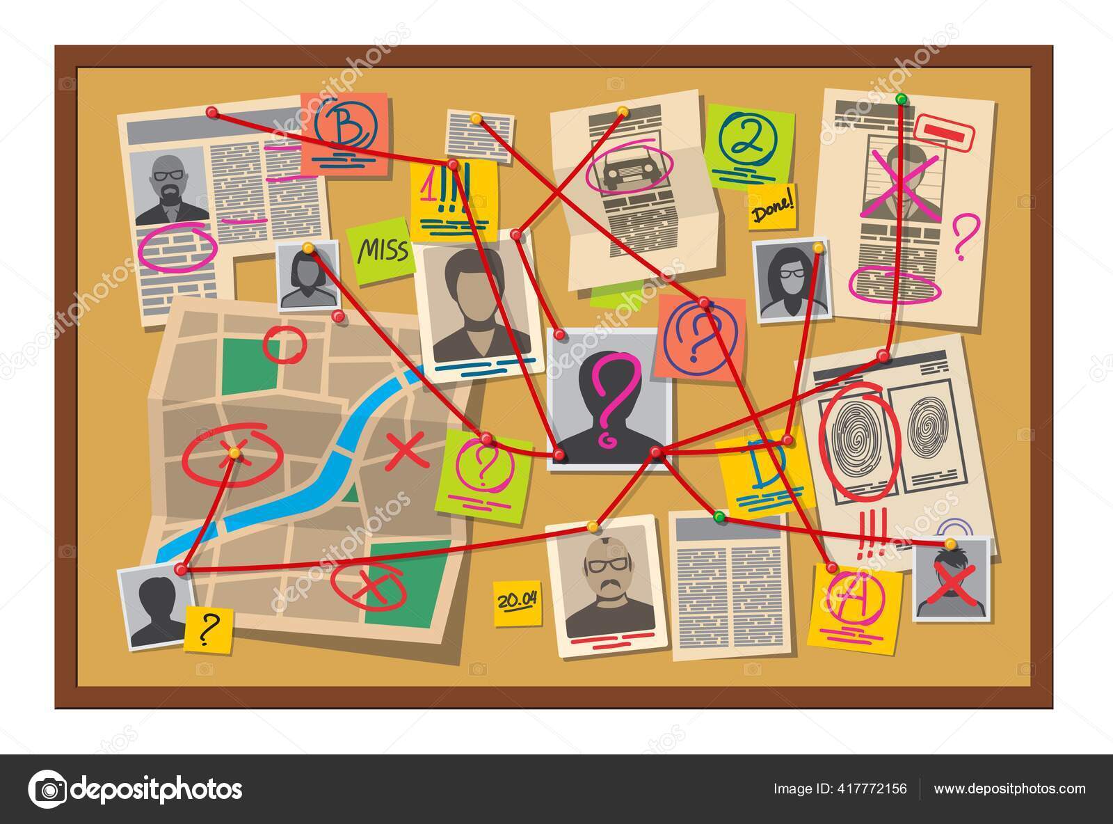 Crime Board Pins Evidence Connected Red Thread Vector Detective ...