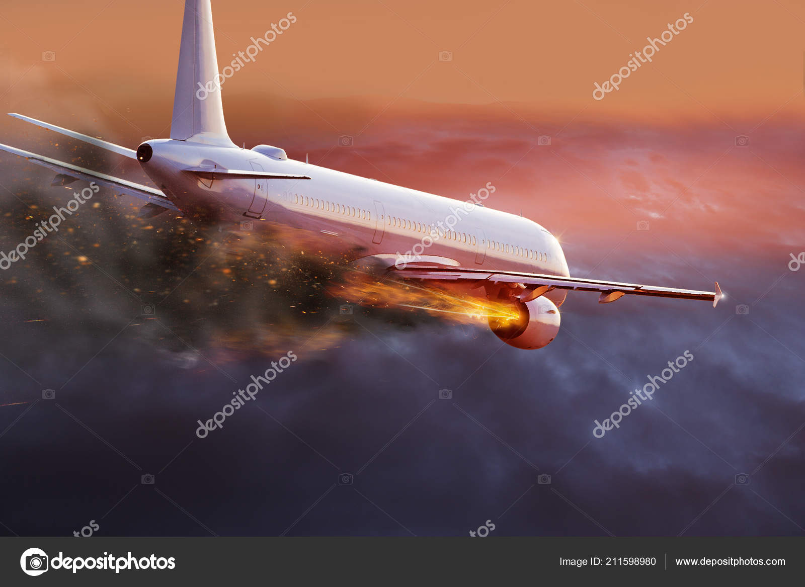 Airplane with engine on fire, concept of aerial disaster. — Stock Photo ...