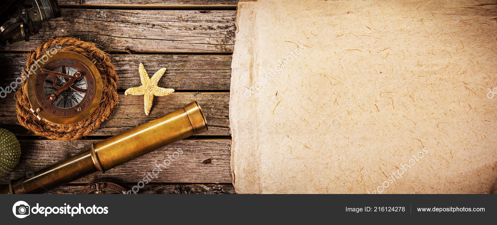 Top View Vintage Navigation Equipment Blank Paper Wooden Table Stock ...