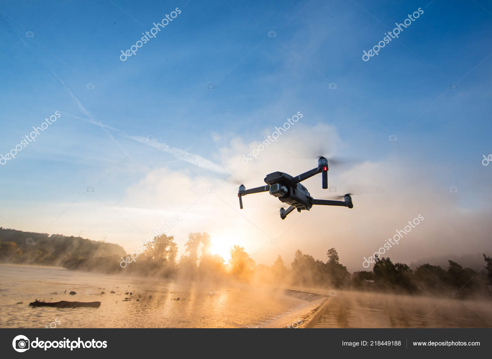 Drone Copter Digital Camera River Fog Background Modern Technology Uav ...