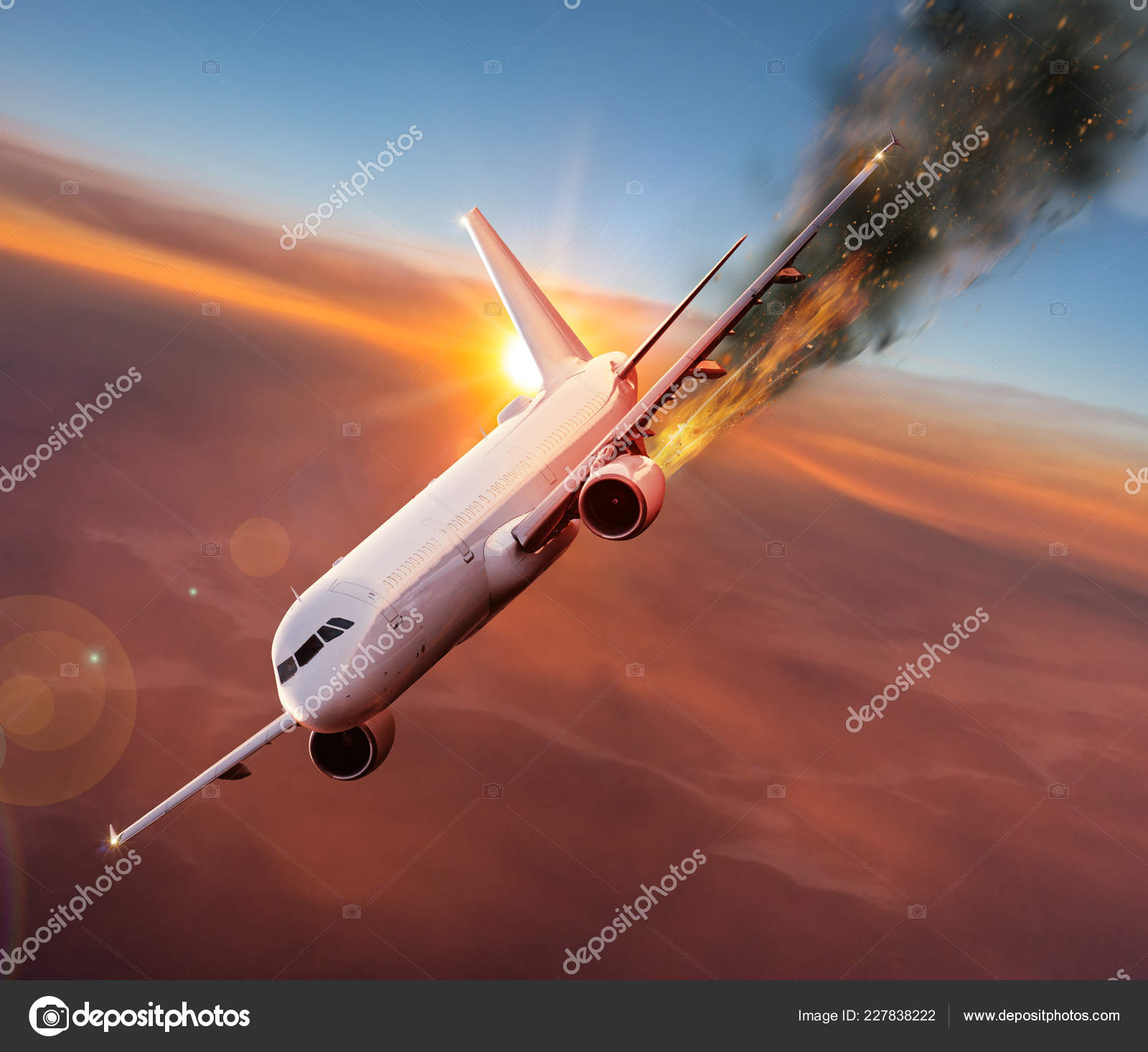 Airplane with engine on fire, concept of aerial disaster. — Stock Photo ...