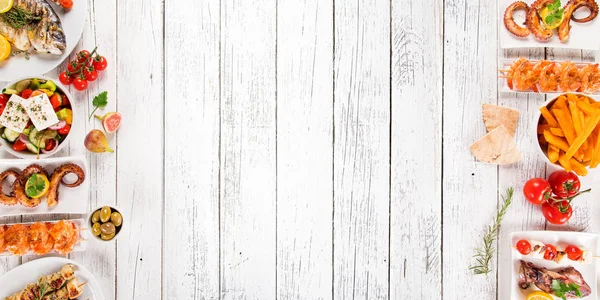 Greek food background. Traditional different greek dishes , top view ...