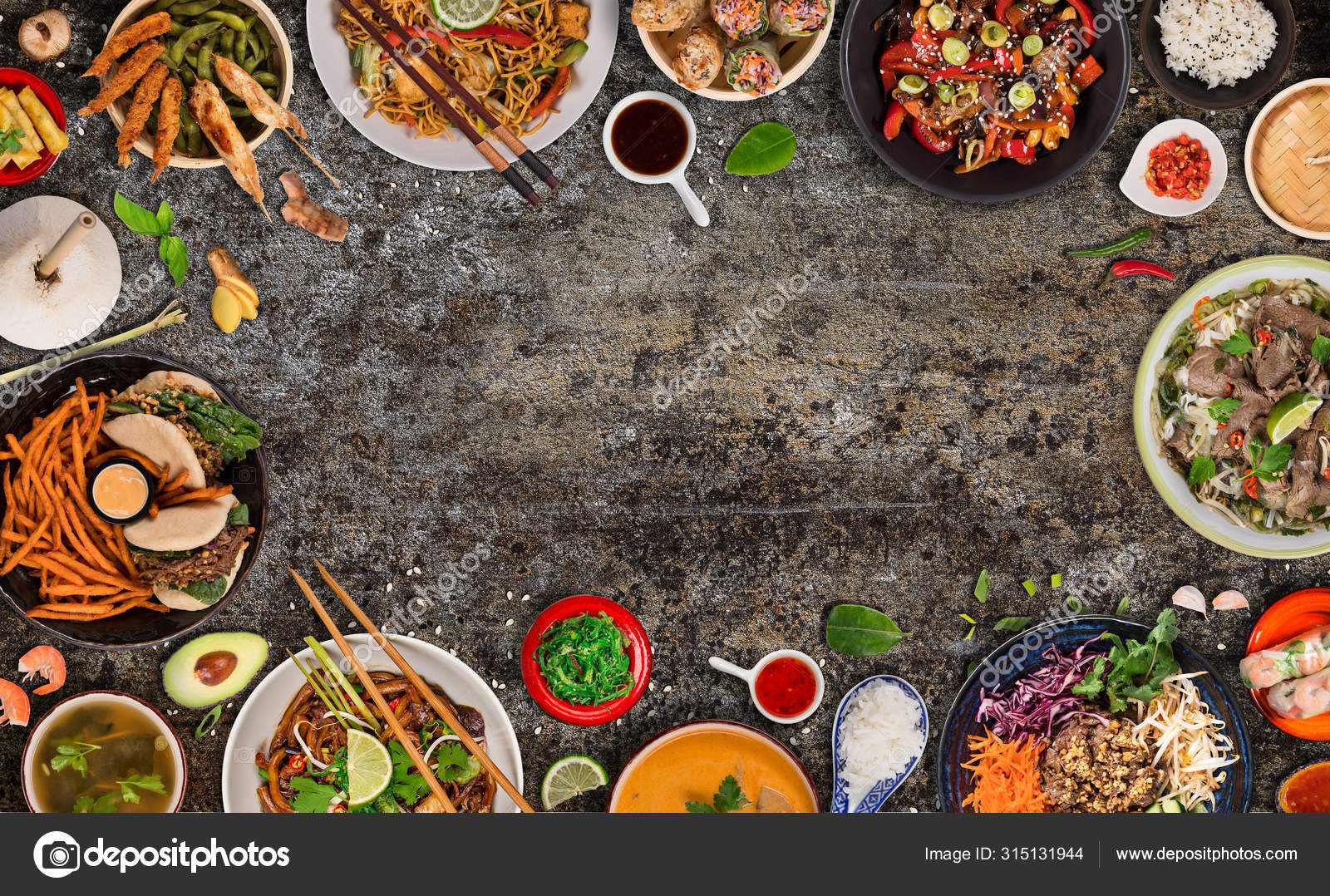 Asian food background with various ingredients on rustic stone ...
