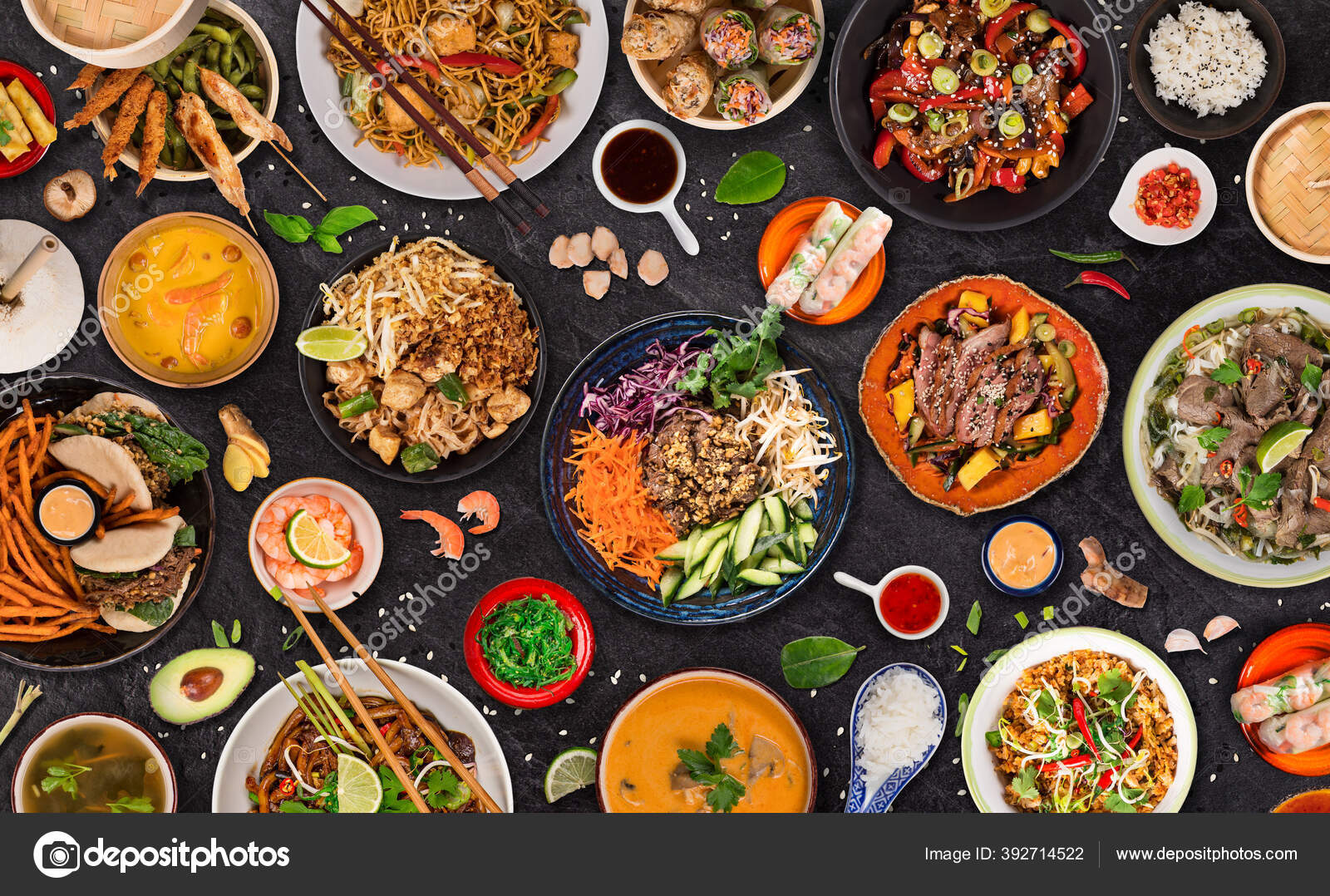 Asian food background with various ingredients on rustic stone ...