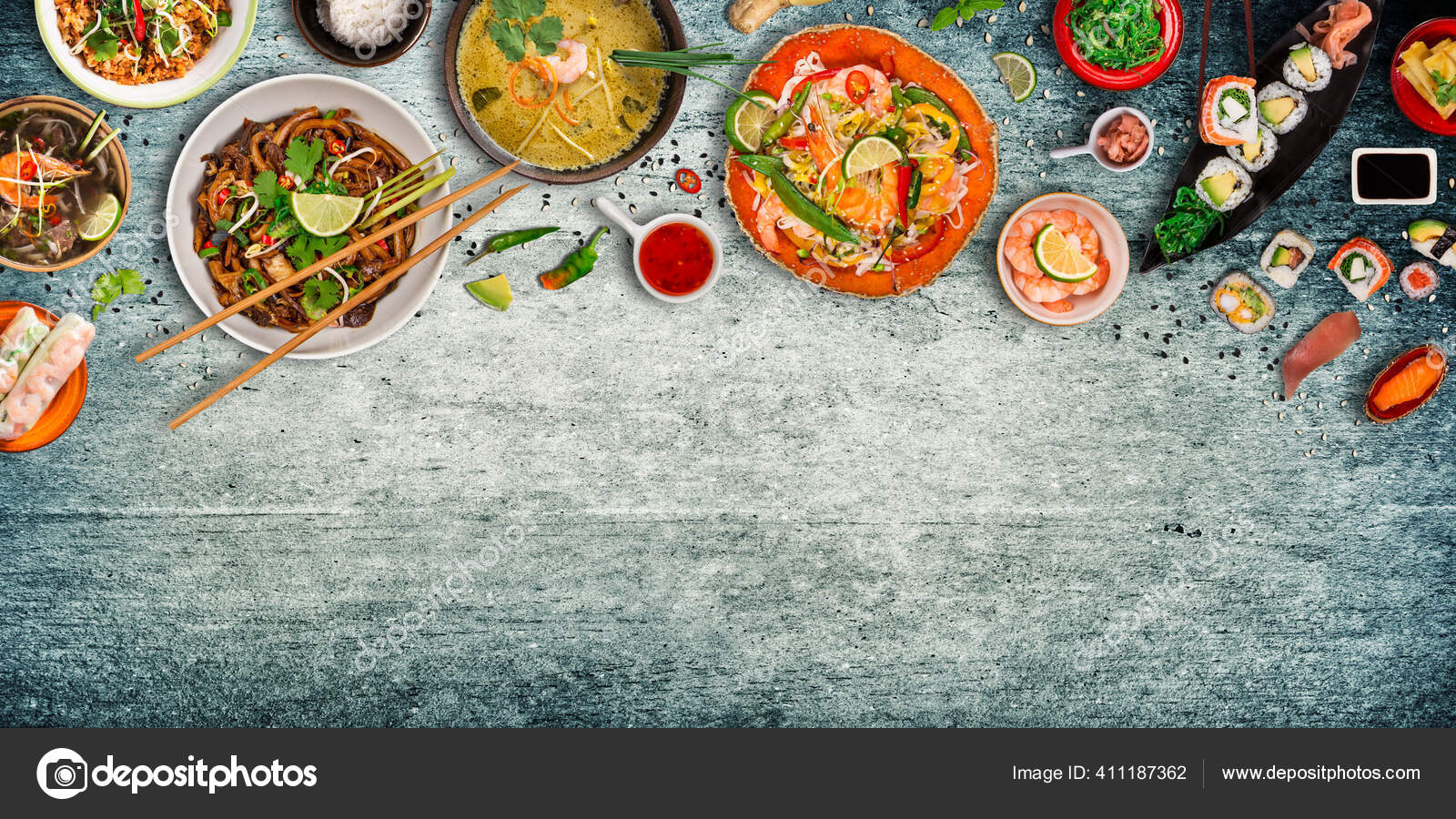 Asian food background with various ingredients on rustic stone ...