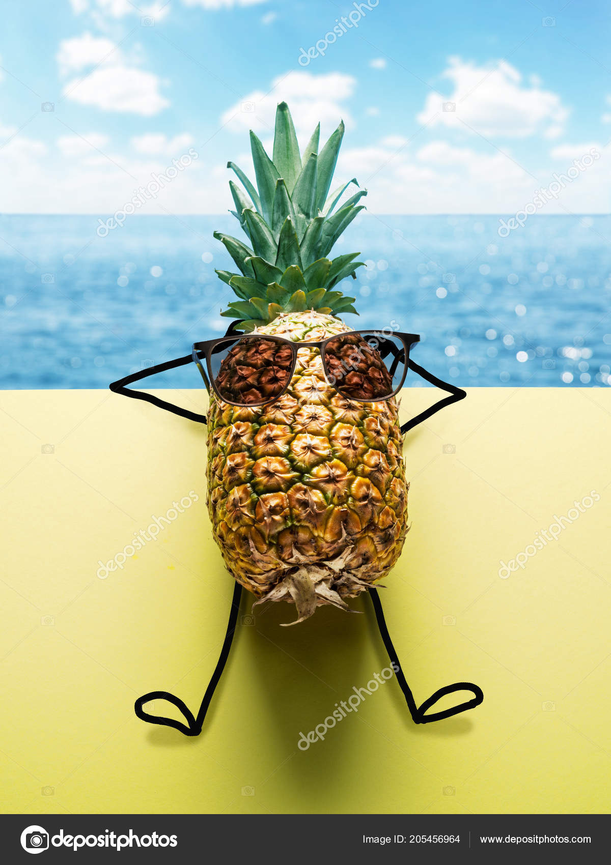 Pineapple Man Sun Glasses Blue Yellow Background Sea Cloudly Sky ...