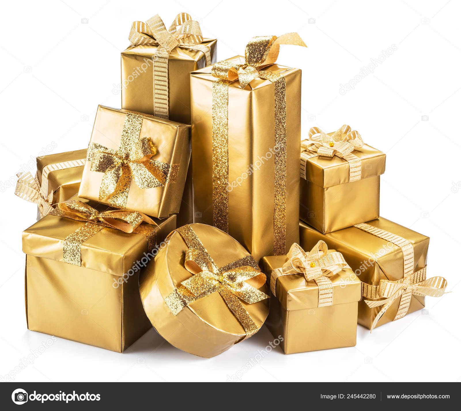 Coffrets Cadeaux Dorés Comme Symbole Vœux Célébration Sur Fond Blanc ...