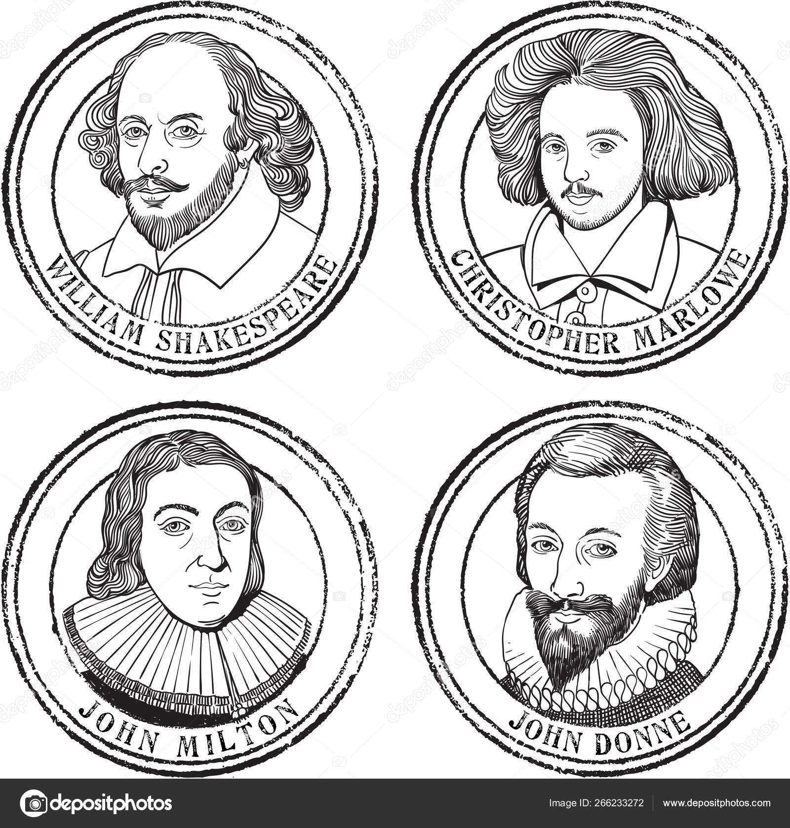 Famous medieval time English poets, playwrights portraits stamp set in ...
