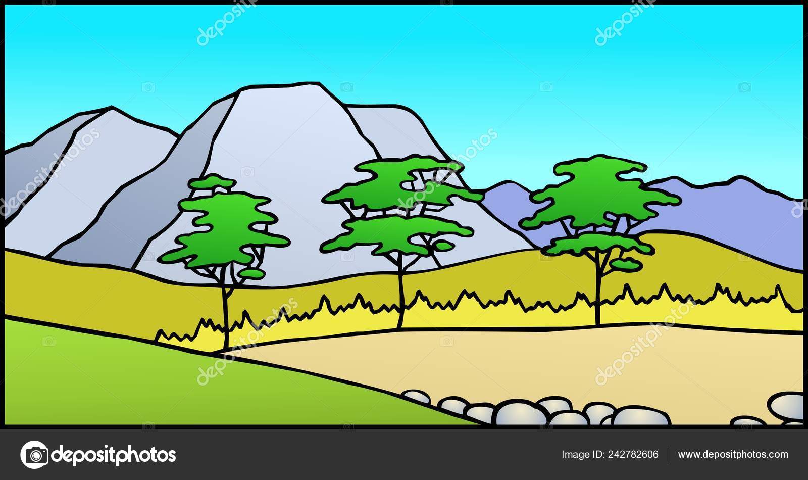 African Landscape Illustration Mountains Trees Veldt Stock Vector Image ...