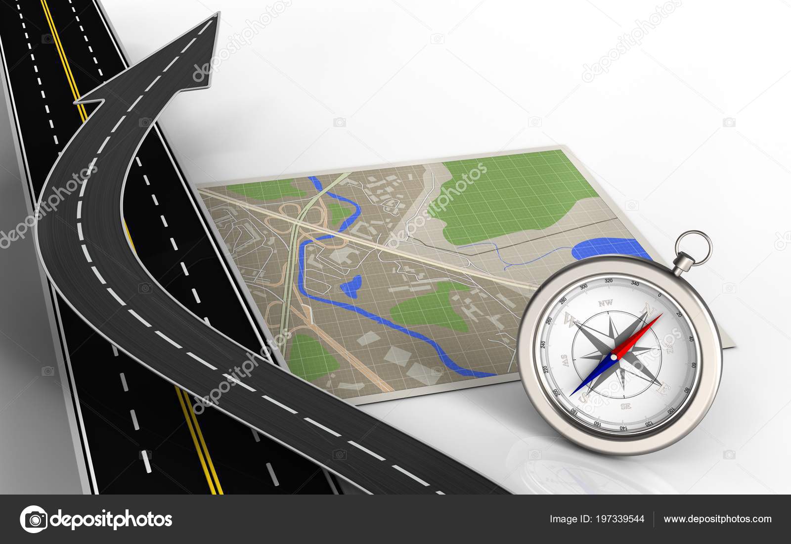 Illustration Map Road Arrow Compass Isolated White Background Stock ...