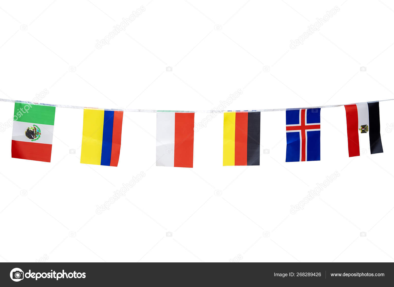 Triangle flags of various countries hanging on the rope Stock Photo by ...