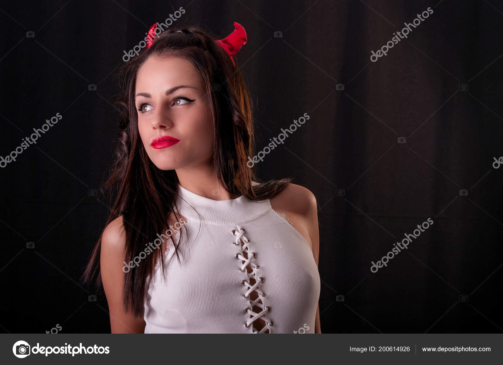 Woman Devil Horns Red Lips Posing Black Background — Stock Photo ...