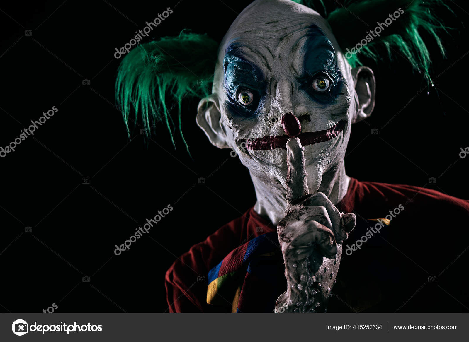 Closeup Disturbing Evil Clown Green Hair Wearing Dirty Red Costume ...