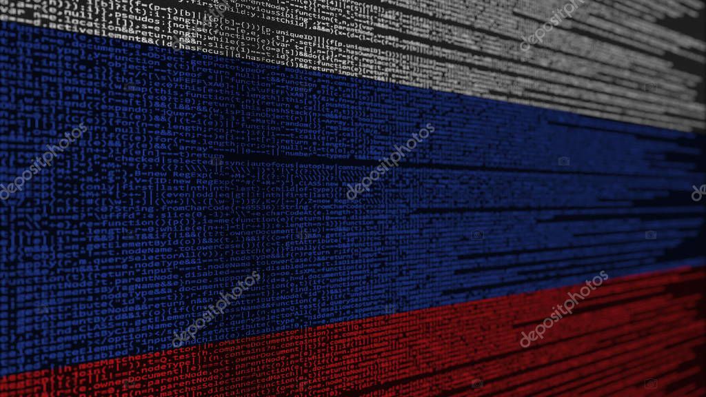 Código del programa y bandera de Rusia. Tecnología digital rusa o ...
