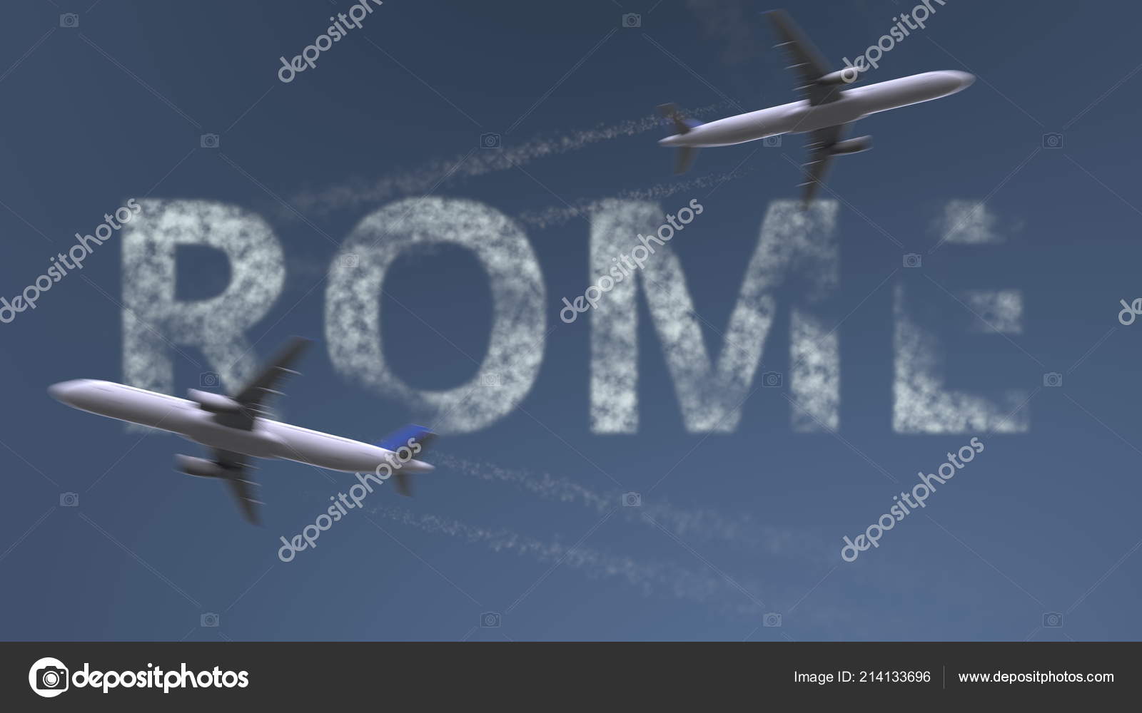 Flying airplanes trails and Rome caption. Traveling to Italy conceptual ...