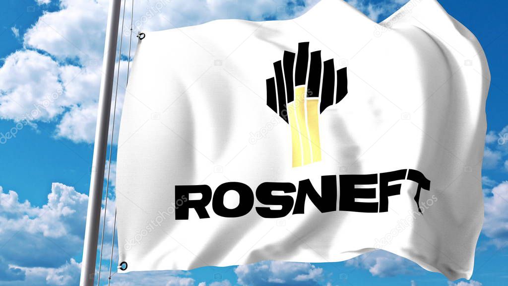 Bandera ondeando con el logotipo de Rosneft contra nubes y cielo ...