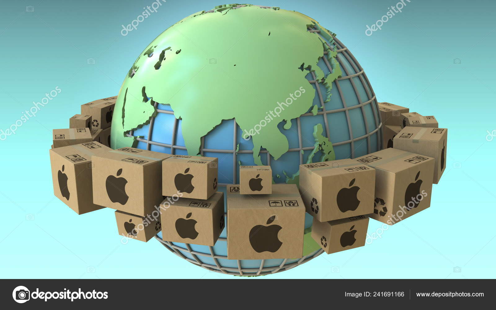 Boxes with Apple Inc logo around the world, Asia emphasized. Conceptual ...
