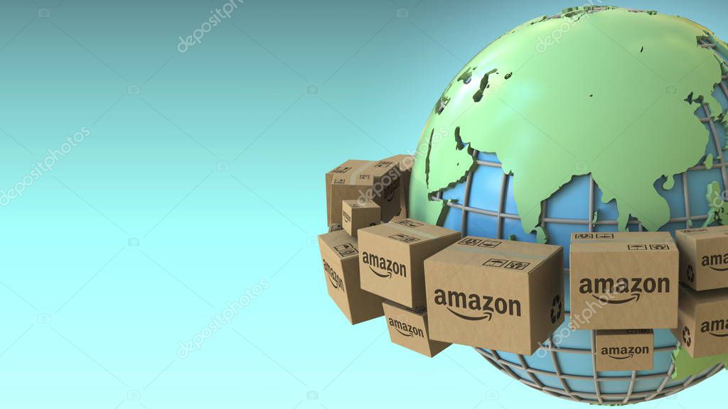Las cajas con el logotipo de AMAZON giran alrededor del mundo, enfatizó ...
