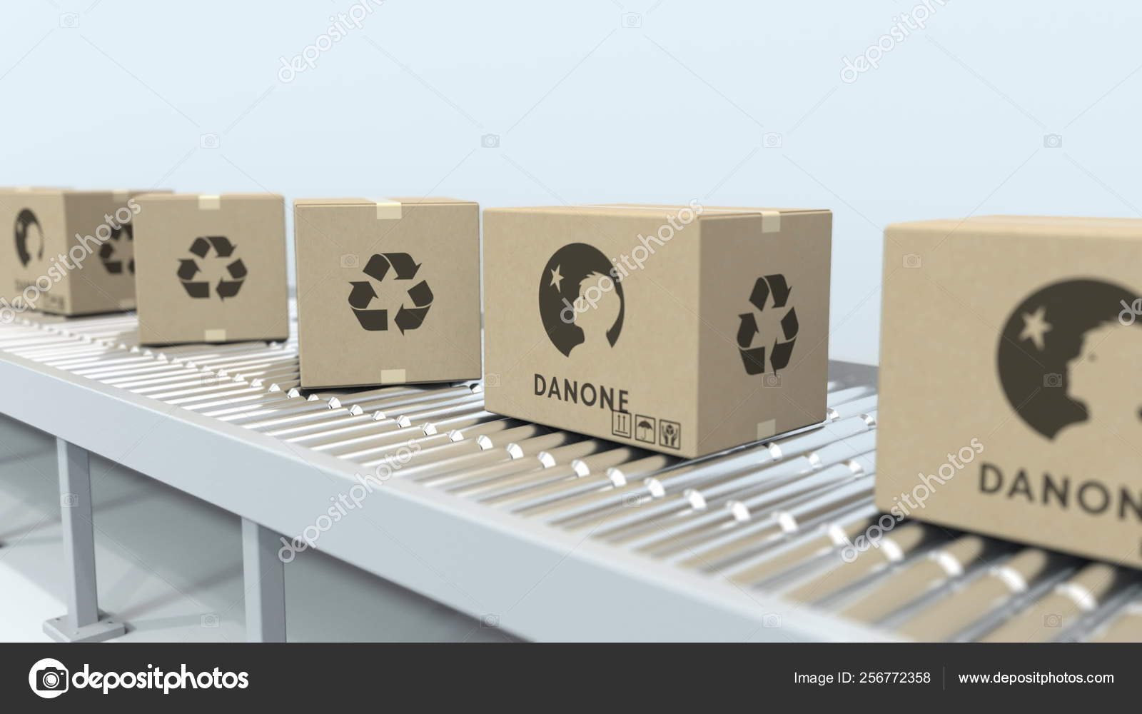 Many cartons with DANONE logo move on roller conveyor. Editorial 3D ...