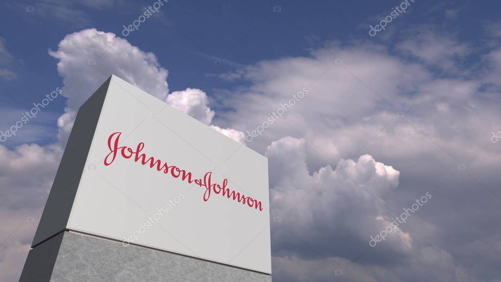 Logotipo de JOHNSON Y JOHNSON en un soporte contra el cielo nublado ...