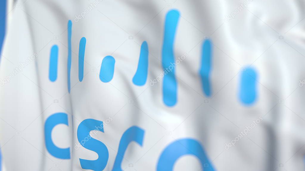 Bandera ondeando con el logotipo de Cisco Systems, Inc. de cerca ...