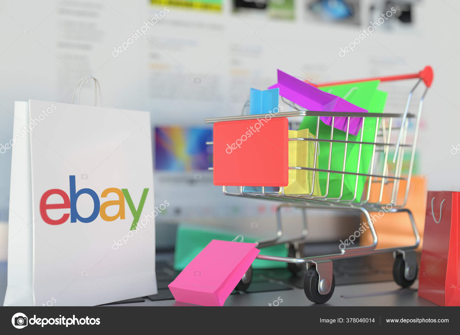 Bag with eBay logo and shopping cart on a laptop keyboard. Editorial ...