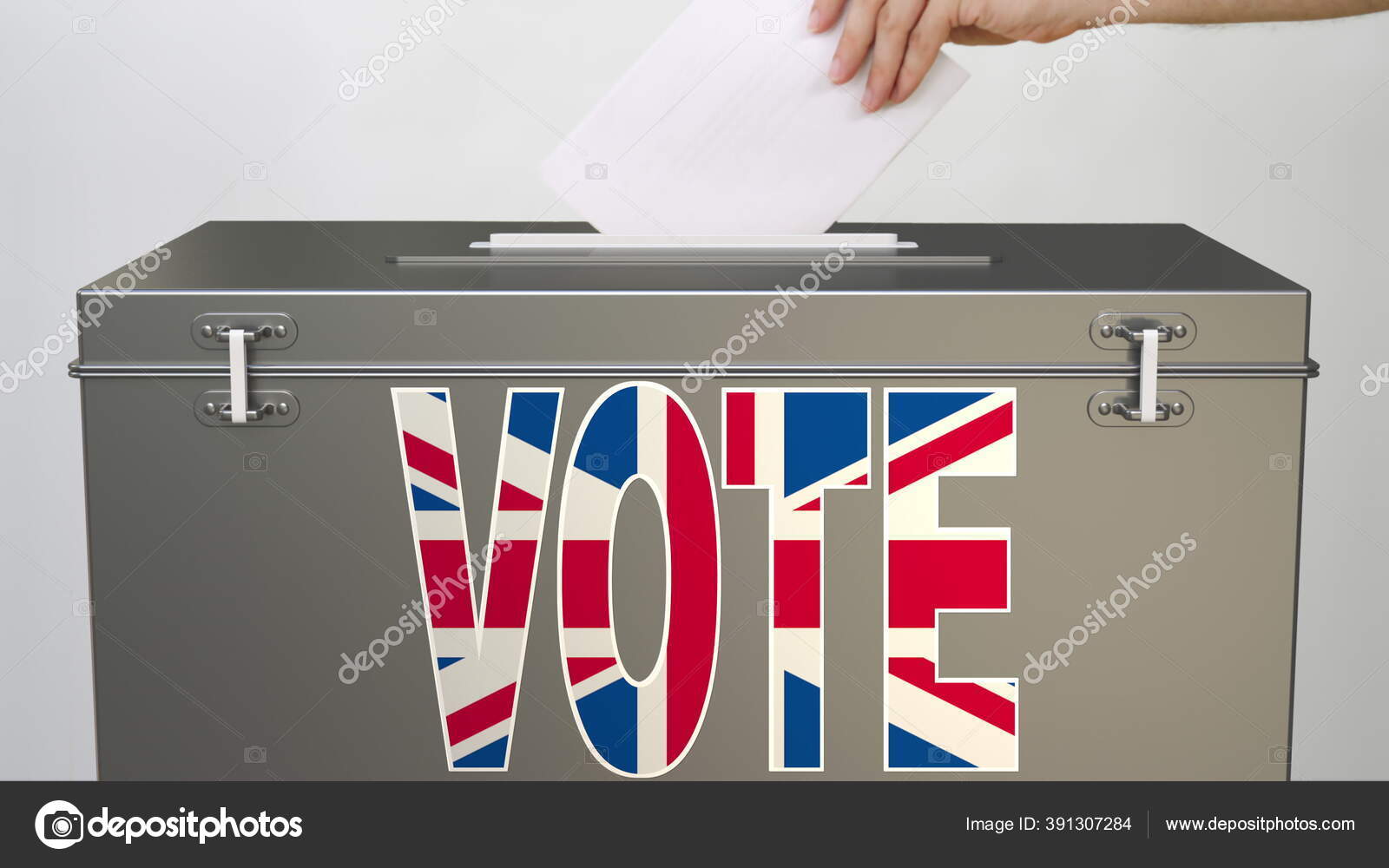 Ballot box with flag of the UK and VOTE word, voting related 3d ...