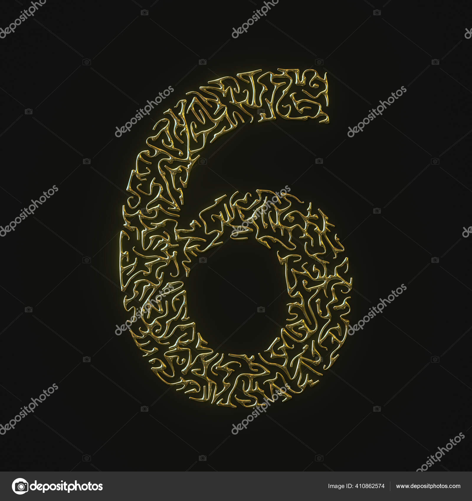 High resolution number six 6 symbol made of molded golden lines. 3d ...