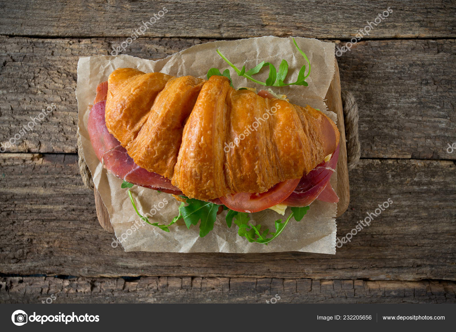 Croissants Argugula Jamon Cheese Tomato Wooden Surface Stock Photo by ...
