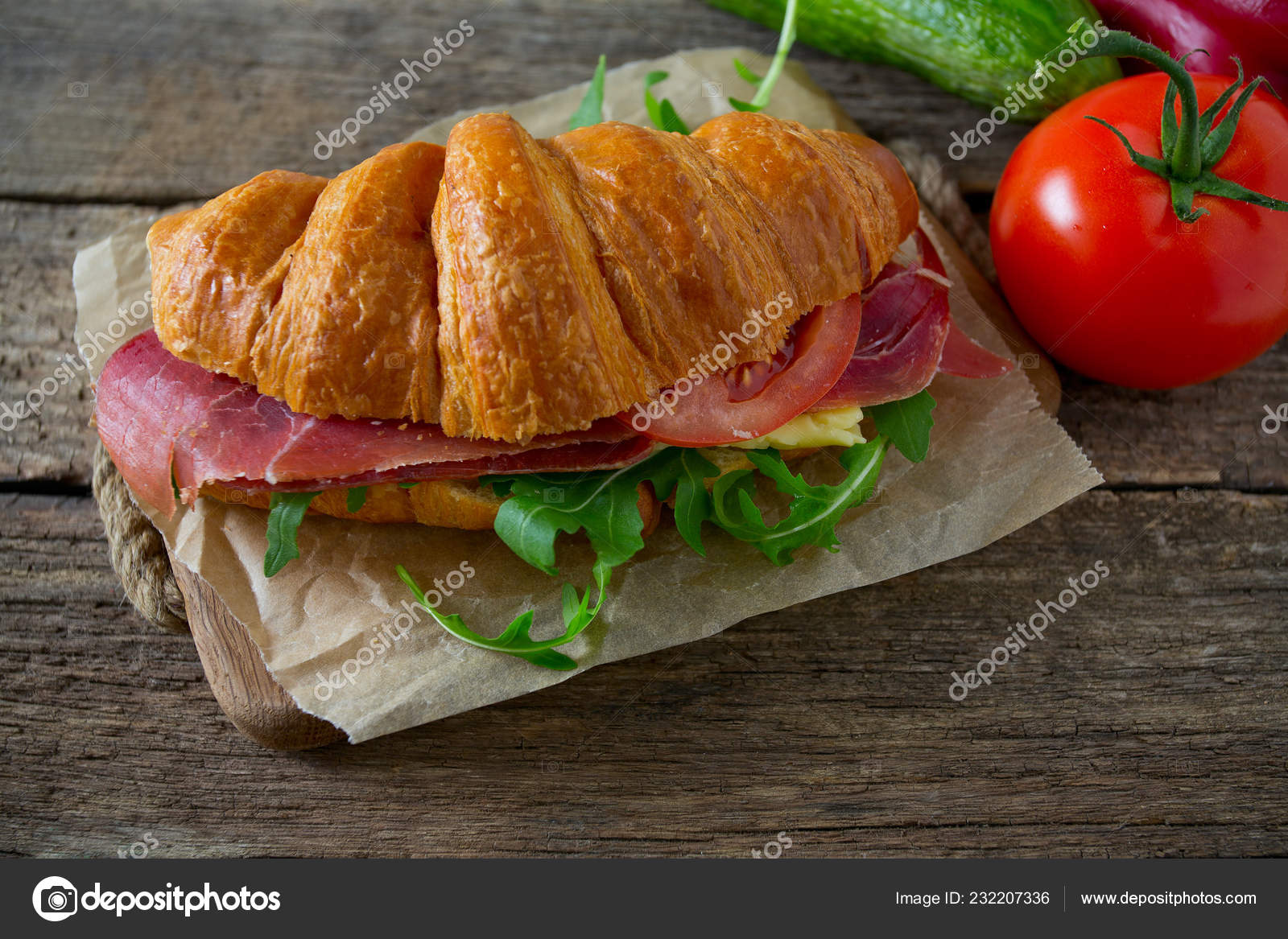 Croissants Argugula Jamon Cheese Tomato Wooden Surface Stock Photo by ...
