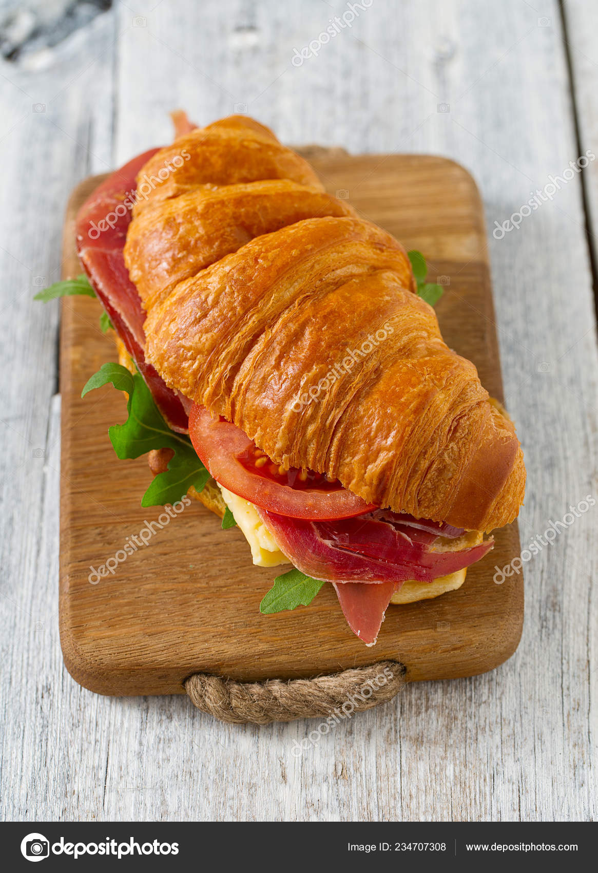 Croissants Argugula Jamon Cheese Tomato Wooden Surface Stock Photo by ...