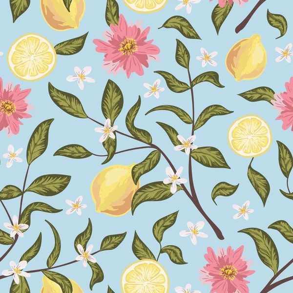 Seamless Pattern with vintage barocco design with yellow Lemon Fruits, Floral Background with ...