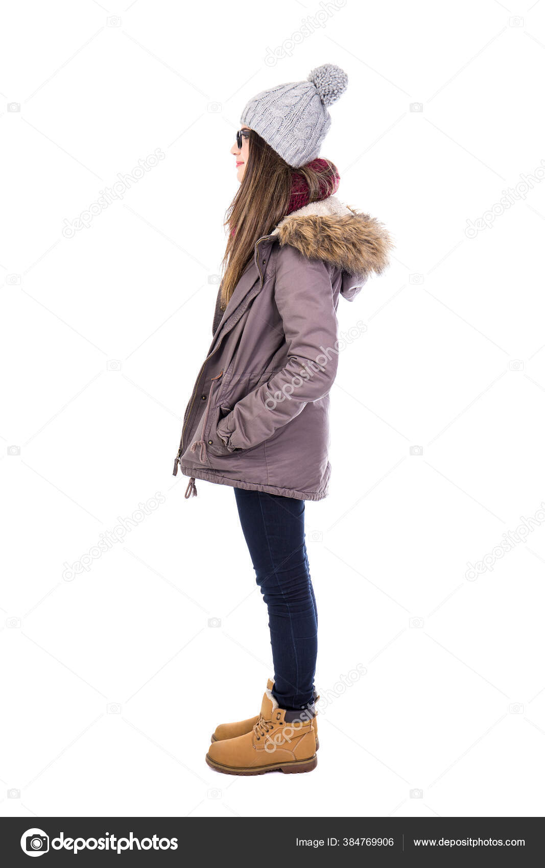 Side View Young Woman Winter Clothes Isolated White Background — Stock ...