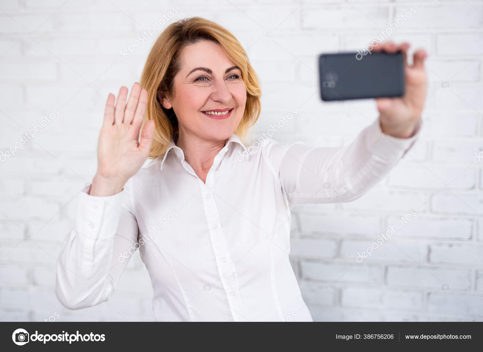 Portrait Cheerful Mature Business Woman Taking Selfie Making Video Call — Stock Photo © Di ...