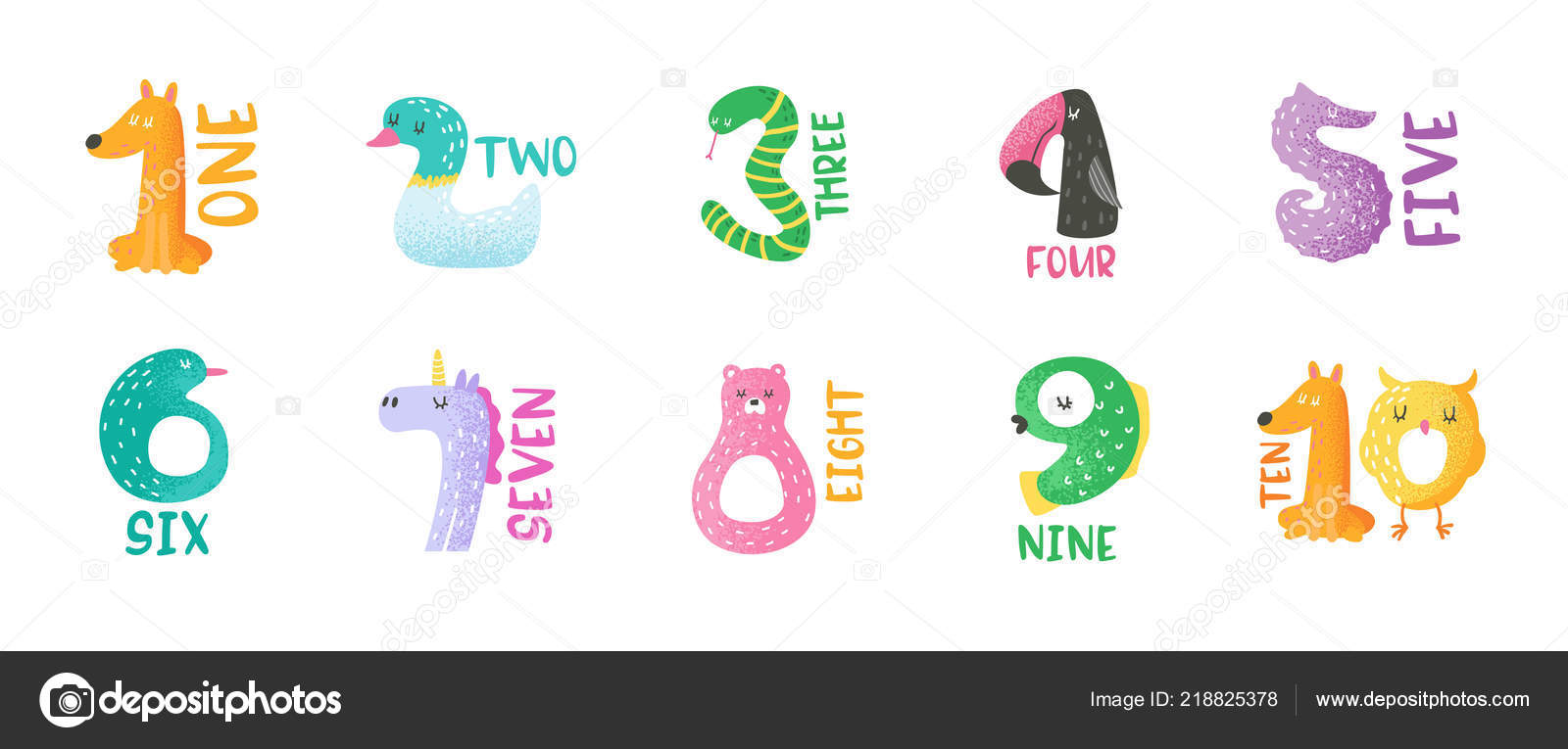 Angka-angka hewan lucu dari 1 sampai 9 gambar tangan vektor ilustrasi ...