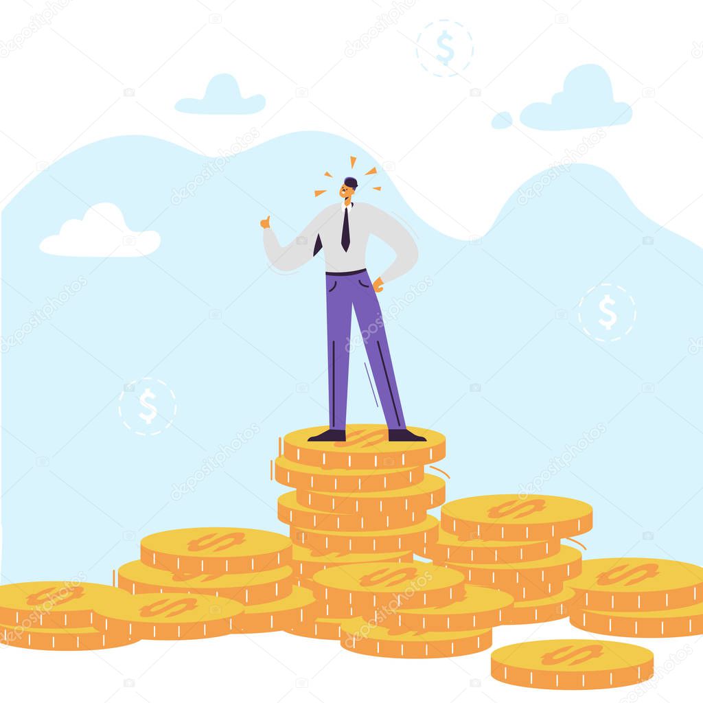 Exitoso personaje de empresario feliz con pila de dinero. Riqueza ...