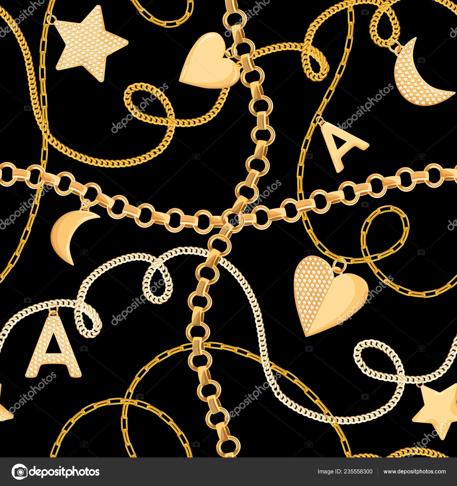 Golden Chains and Charms Seamless Pattern. Fashion Fabric Background ...
