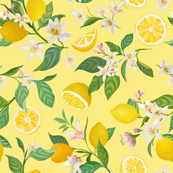 Seamless Pattern with vintage barocco design with yellow Lemon Fruits, Floral Background with ...