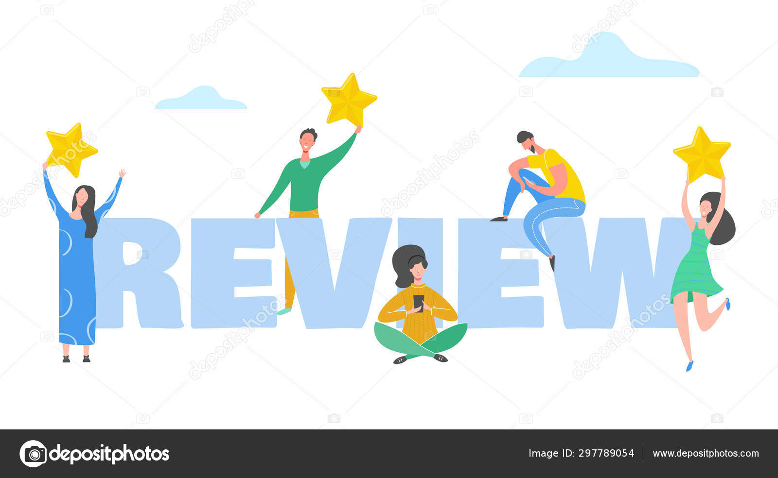 Review concept illustration. People characters holding gold stars. Men ...