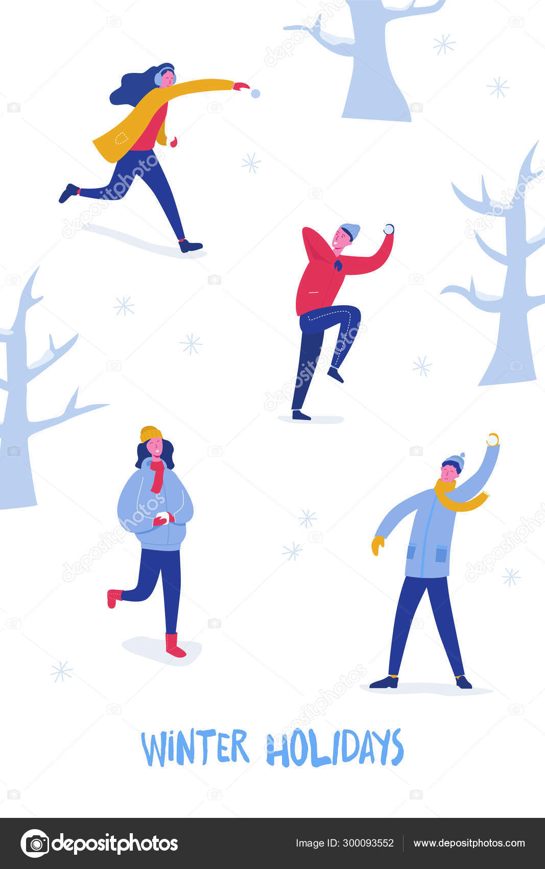 Winter Card or Poster with Happy People Characters Playing Snowballs ...