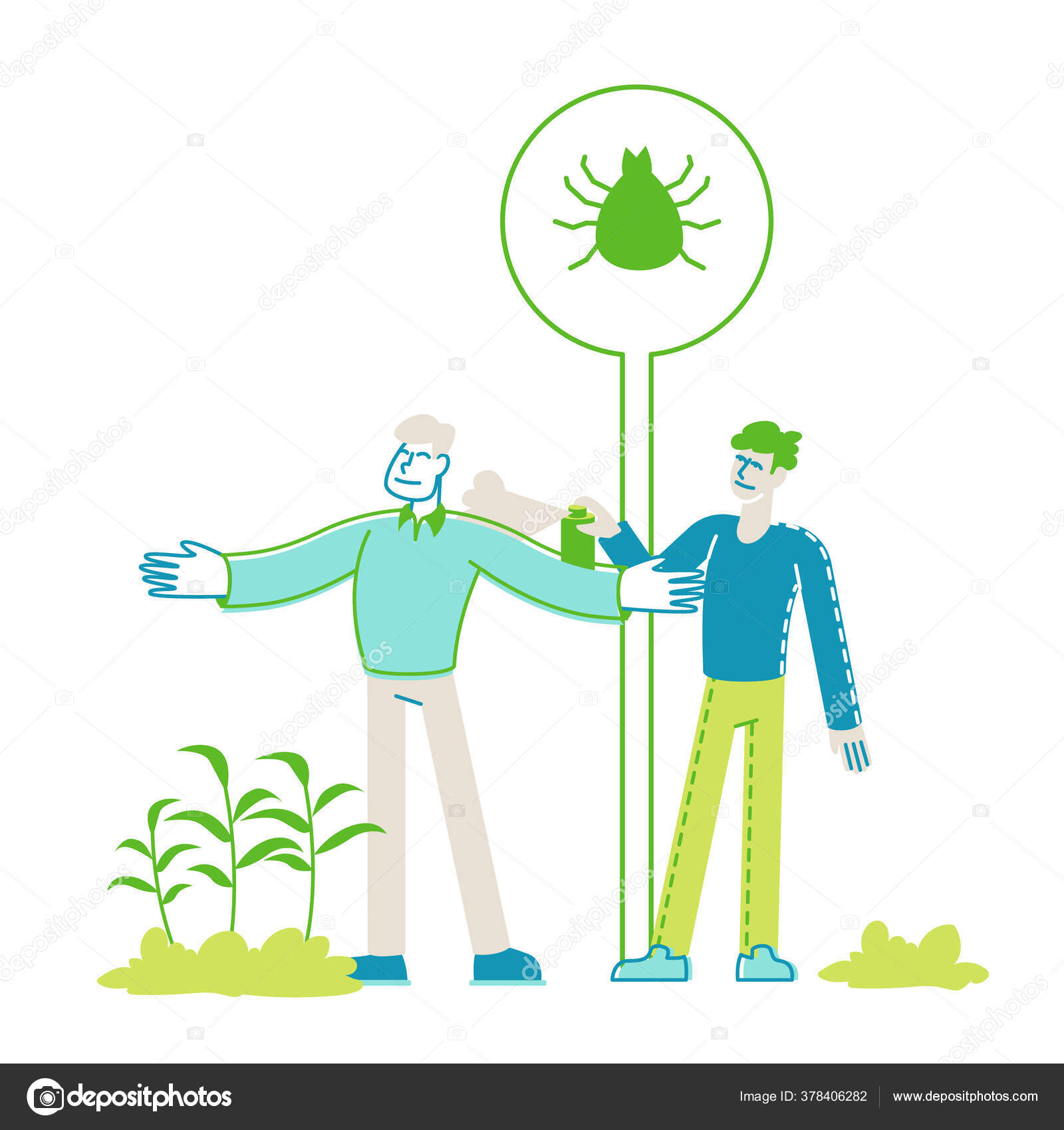 Man Spraying Insecticide on Friend from Huge Aerosol Bottle. Characters ...