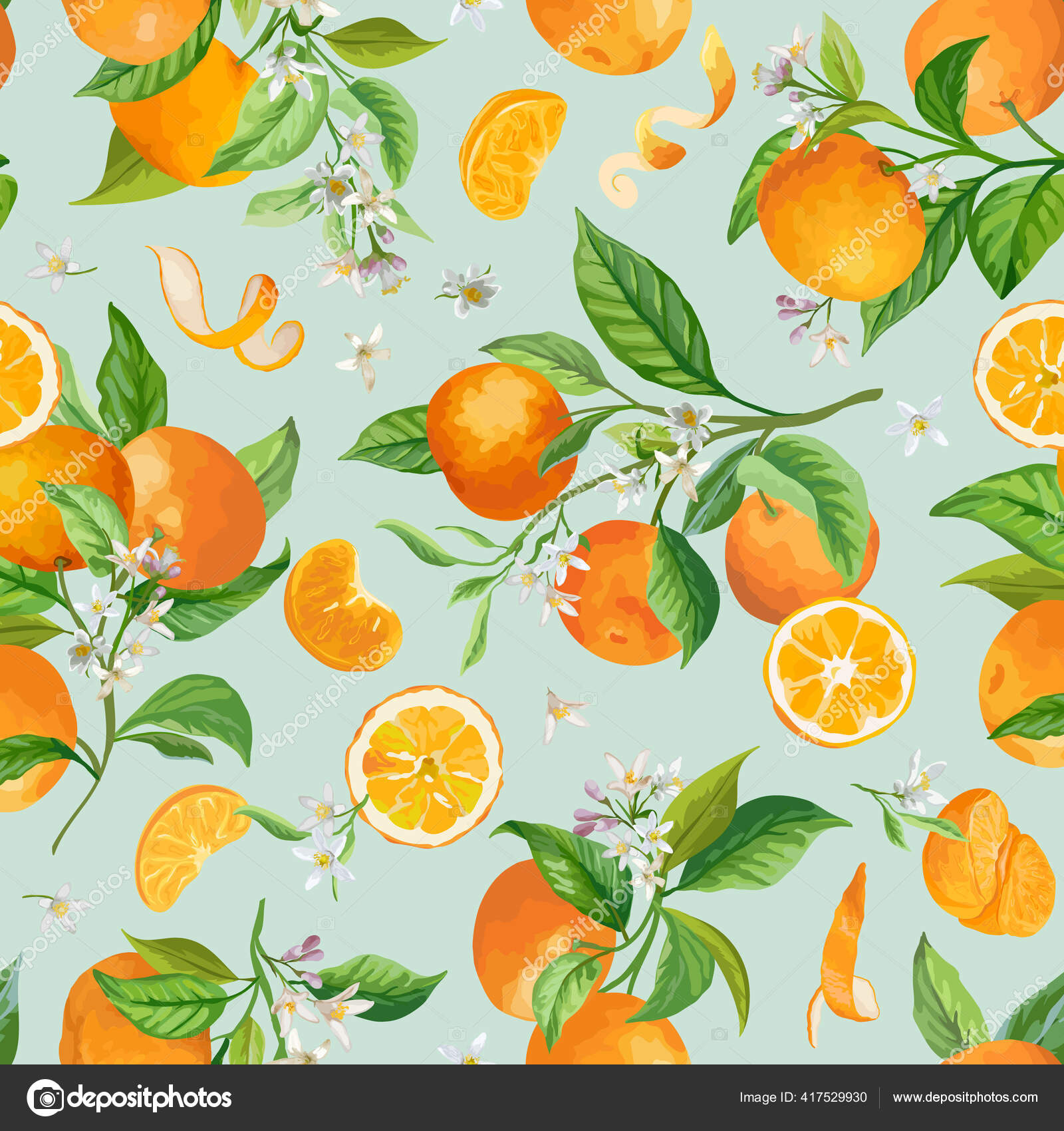 Patrón floral de acuarela de mandarina, fondo de fruta sin costura ...