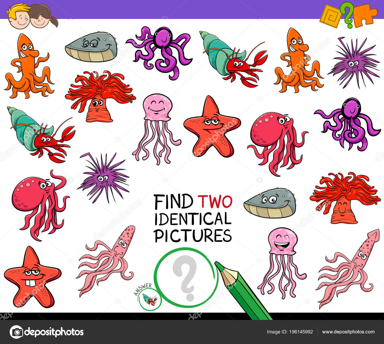 Cartoon Illustration Finding Two Identical Pictures Educational Game ...