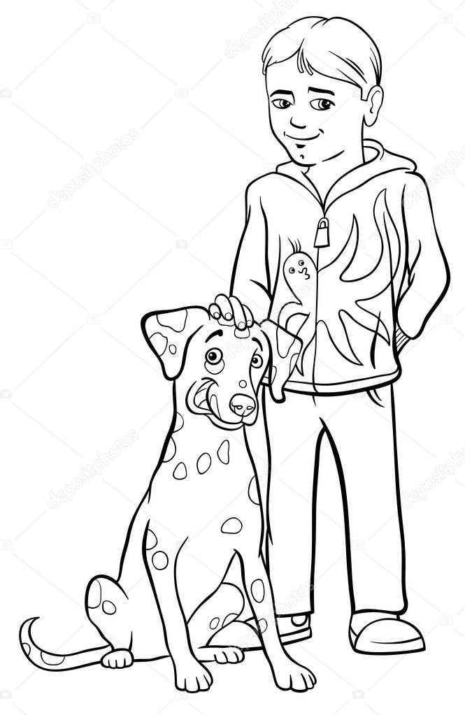 Ilustraci n de dibujos animados en blanco y negro de ni o con perro d lmata para colorear libro 2024
